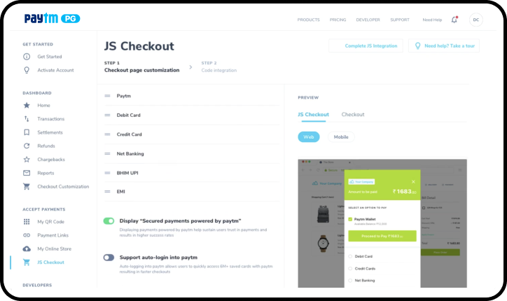 Paytm Payment Checkout - Accept Payments with Javascript Checkout